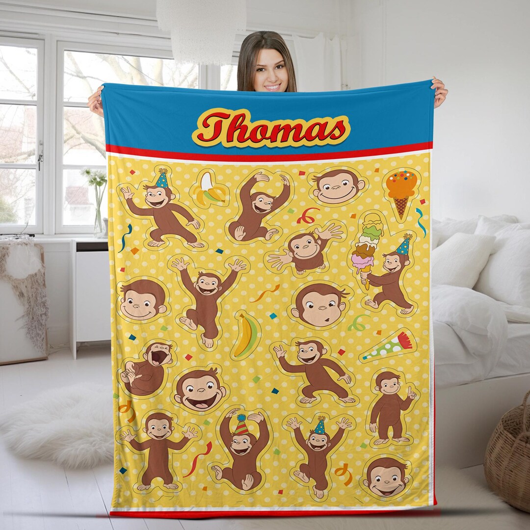 Personalized Curious George Blanket, Cute Monkey Banana Fleece Blanket ...
