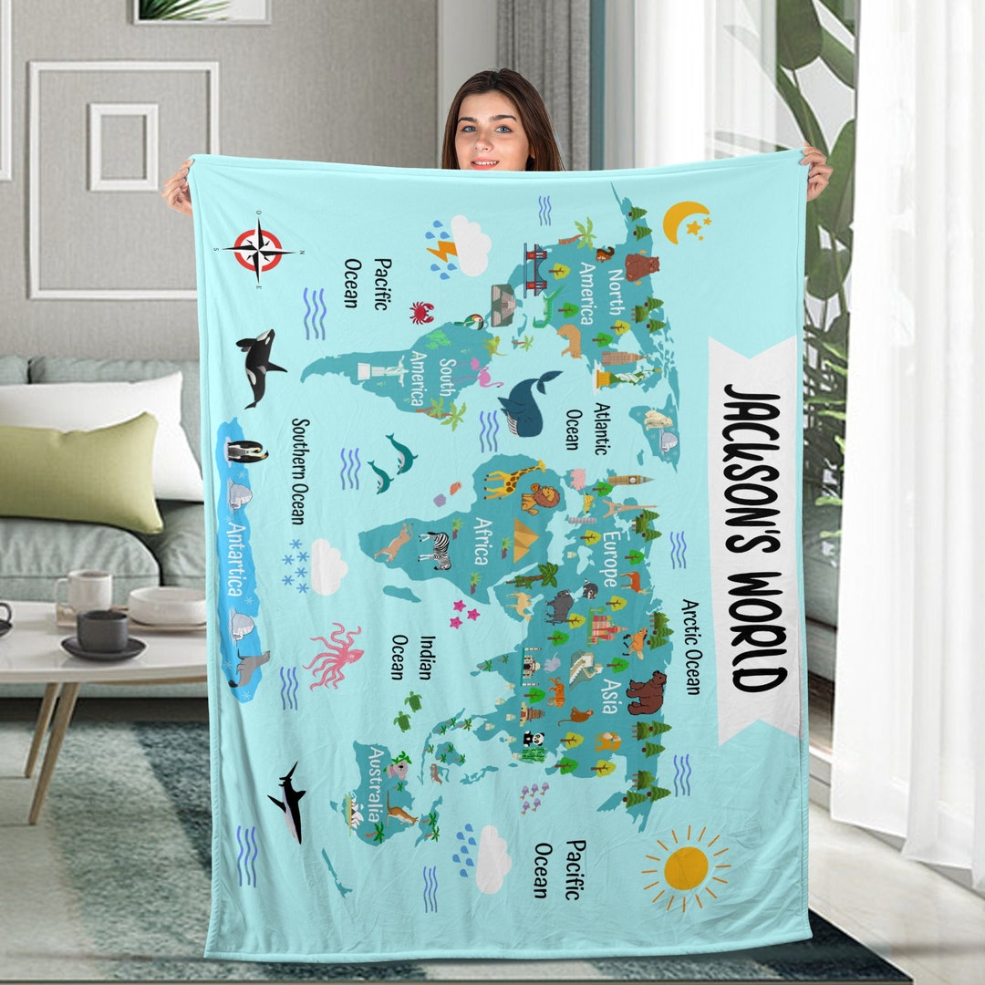 Personalized World Map Nursery, Baby Animals Blanket, Baby Animals ...