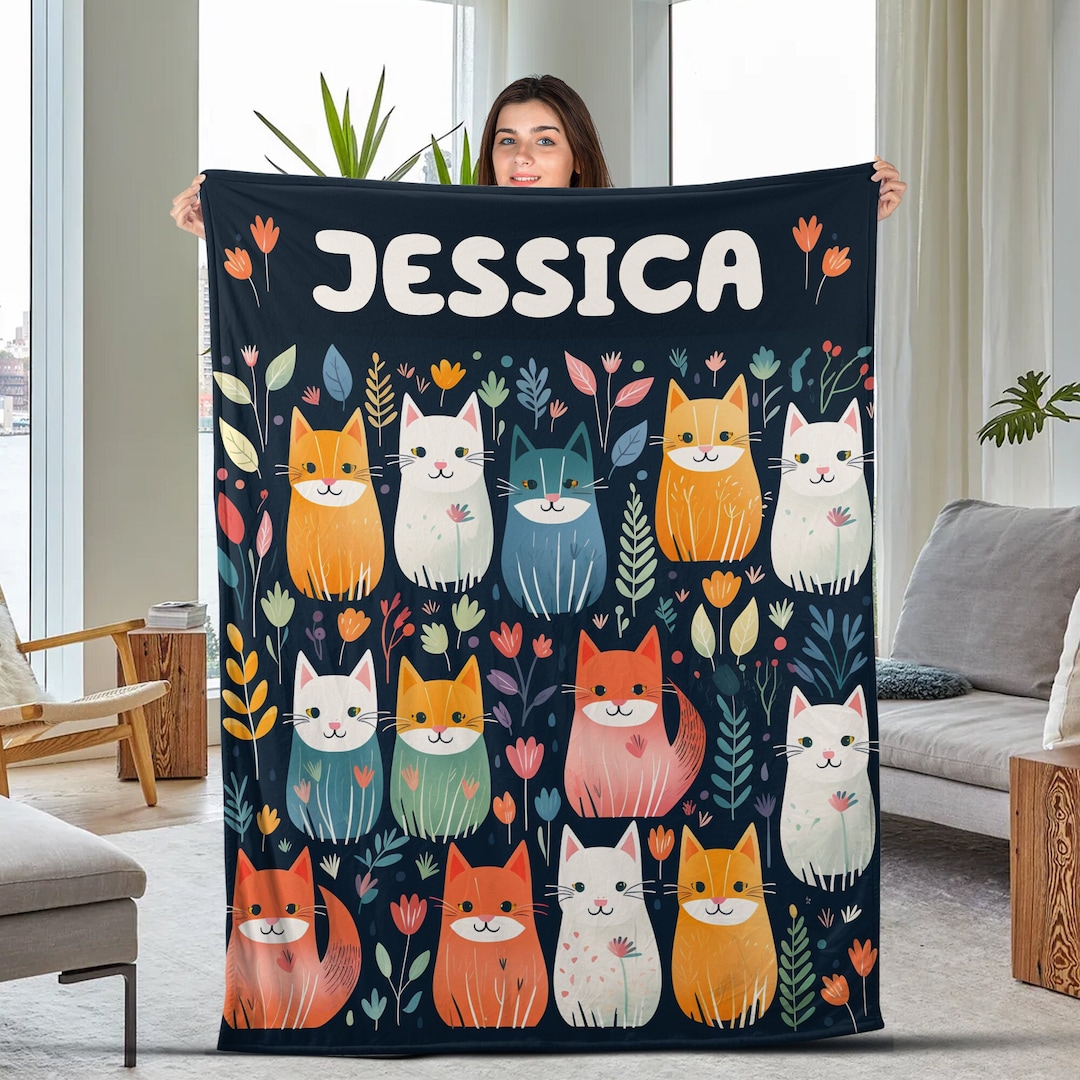 Personalized Cat Blanket, Cute Cats Blanket, Custom Name Soft Cozy ...
