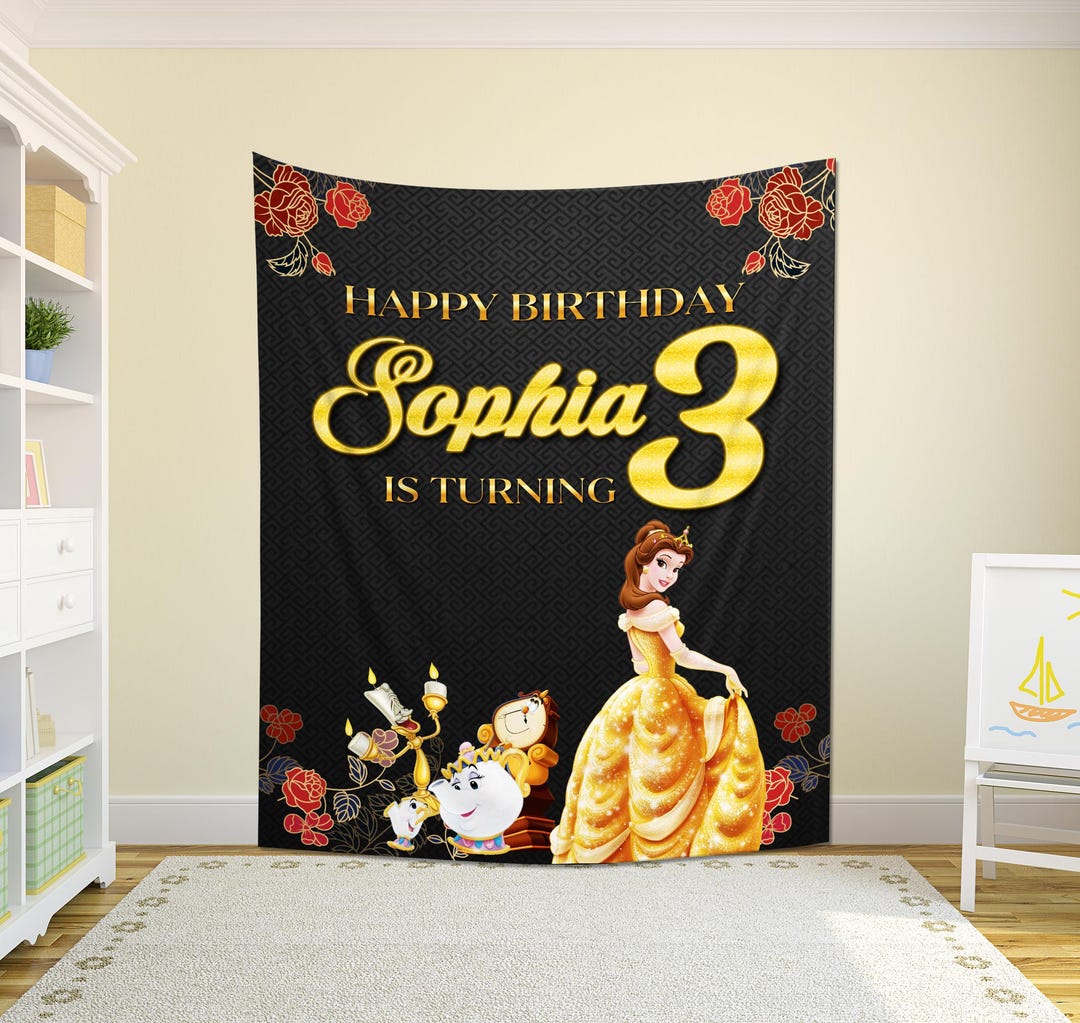 Happy Birthday Banner, Beauty and the Beast Princess Theme Party, Belle ...