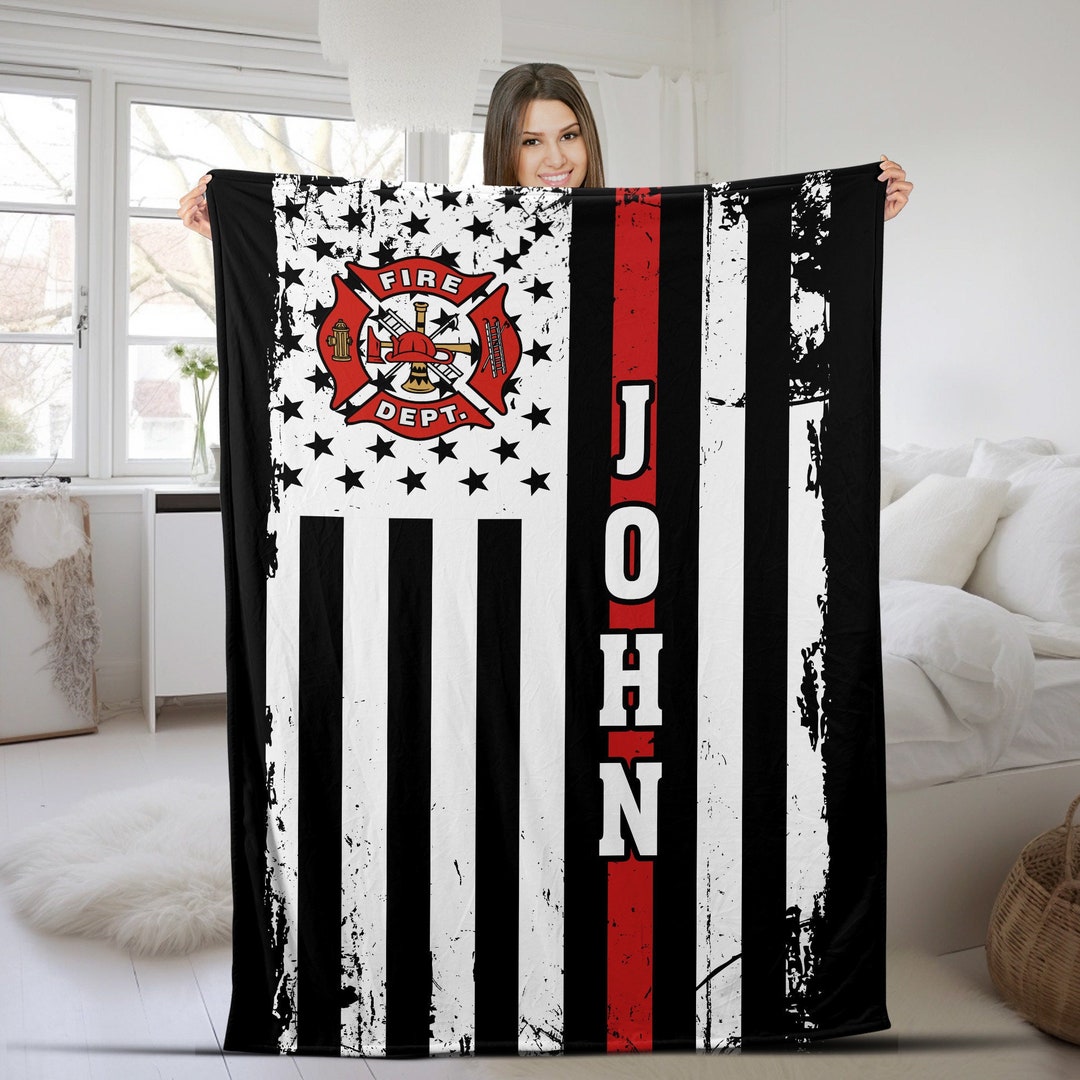 Personalized Firefighter USA Blanket, Fireman Red Thin Line Blanket ...