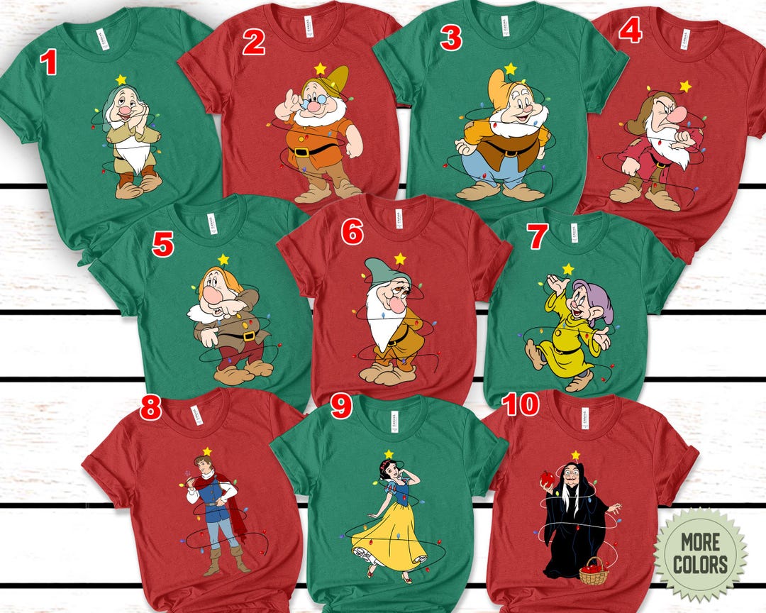 Santa Seven Dwarfs Characters Christmas Light T-shirt, Snow White and ...
