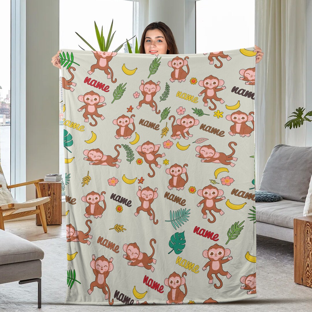 Personalized Monkey Blanket,cute Monkey & Banana Blanket,custom Name ...