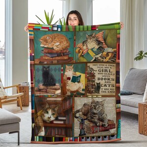 Cat With Book Blanket, Time Spent With Cats and Books Blanket, Gift for ...