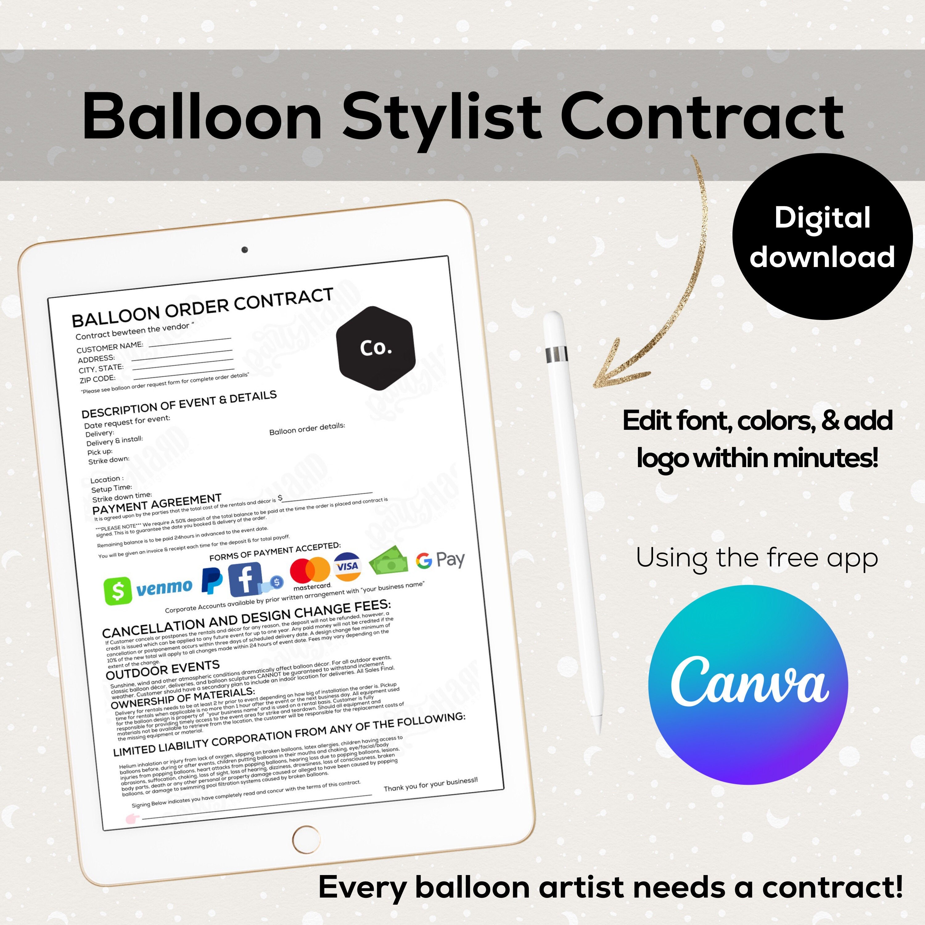 Balloon Business Contract Template Decor Policy Business Etsy