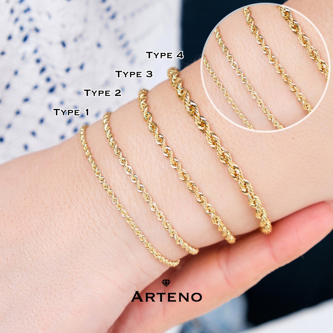 14k Gold Real Gold Rope Chain Bracelet, Twist Chain Bracelet, Diamond ...