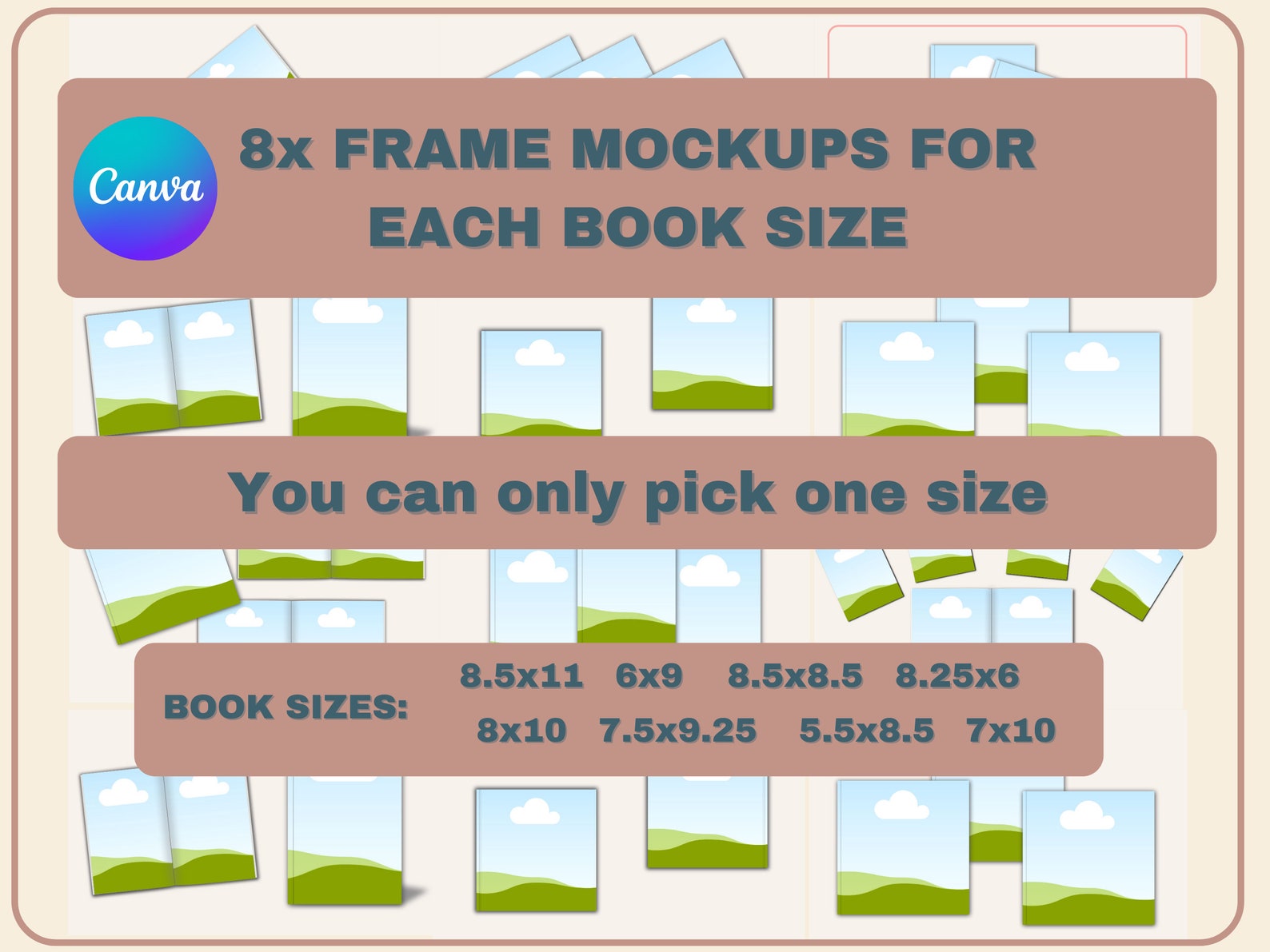KDP Book Mockup : 8x Canva Frame Mockups for APLUS Content (8.5x11, 6x9 ...