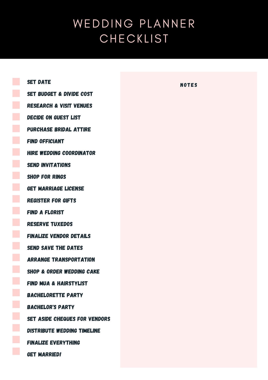 Wedding Check List Printable- Instant Download - Etsy