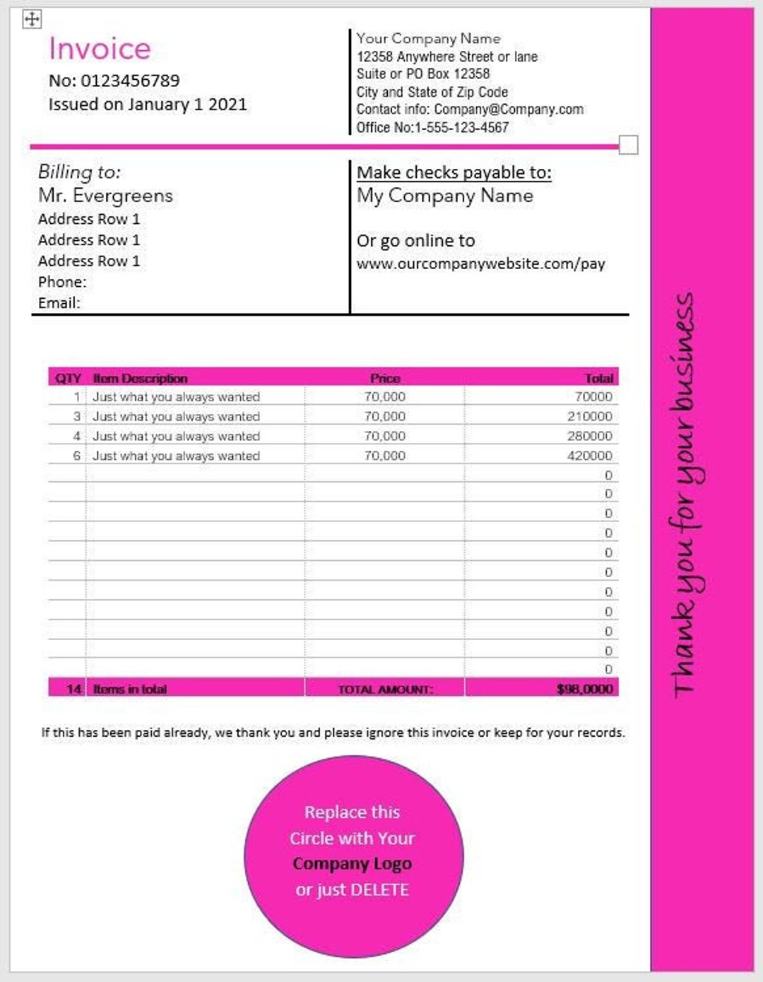Invoice Template - Hot PINK Here! Use for Anyone You Are Doing Business ...