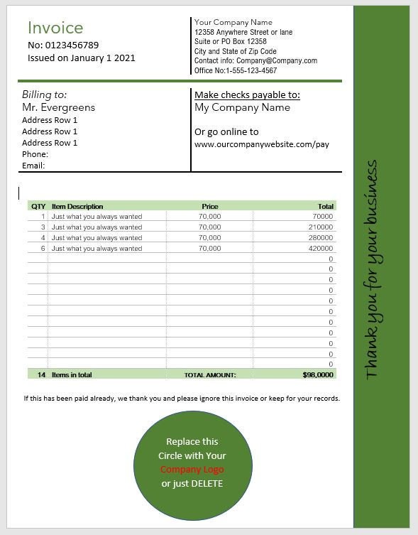 Invoice Template - Green Here! Use for Anyone You Are Doing Business ...