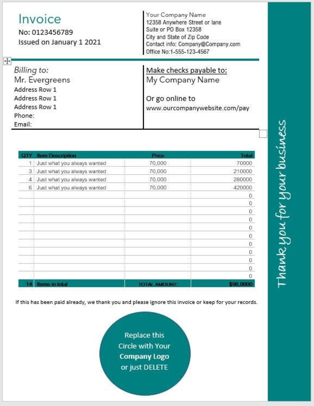 Invoice Template - TEAL Here! Use for Anyone You Are Doing Business ...