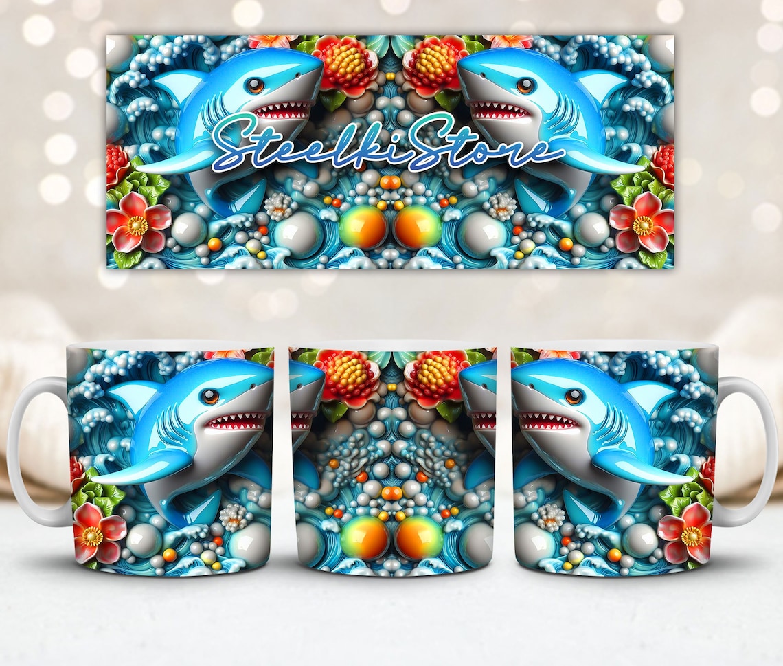3D Shark Mug Wrap PNG, 11 Oz and 15 Oz Mug Template, Shark Mug ...