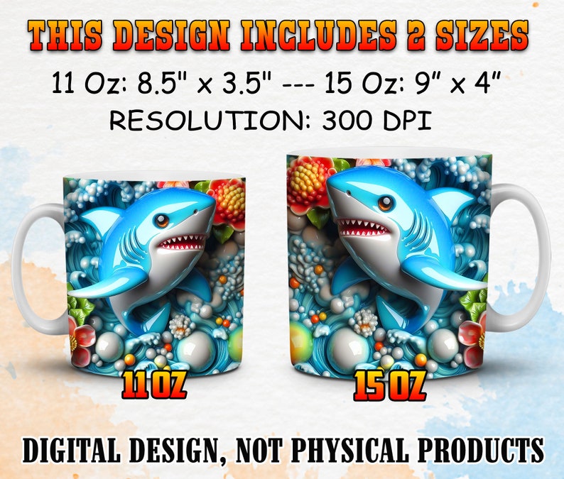 3D Shark Mug Wrap PNG, 11 Oz and 15 Oz Mug Template, Shark Mug ...