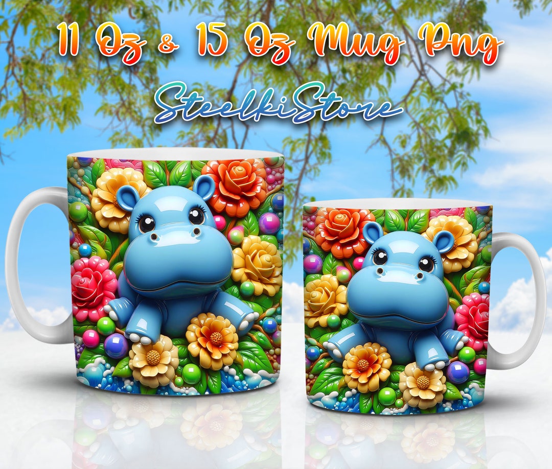 3D Hippo Mug Wrap PNG, 11 Oz and 15 Oz Mug Template, Hippo Mug ...