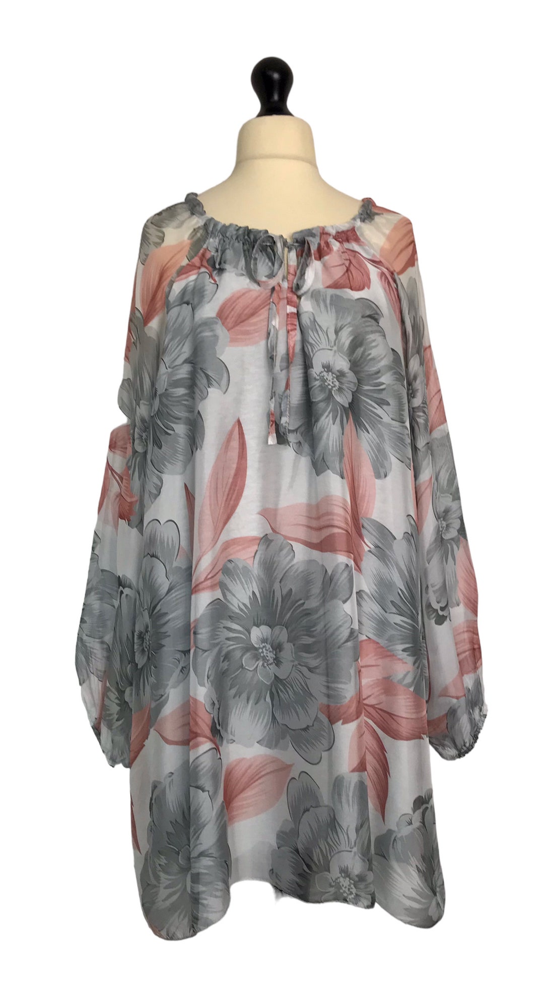 Italian Lagenlook Grey Floral Silk Blend Floaty Tunic Top UK Plus 16 18 ...