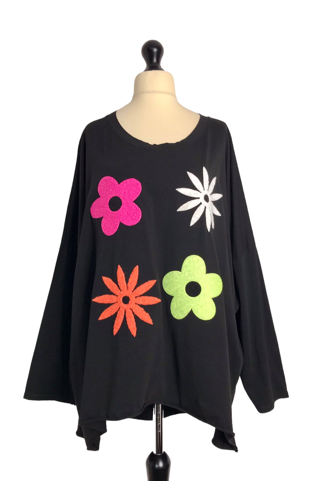 Made in Italy Lagenlook Black Oversized Flock Flower Top UK Sz 16 18 20 ...