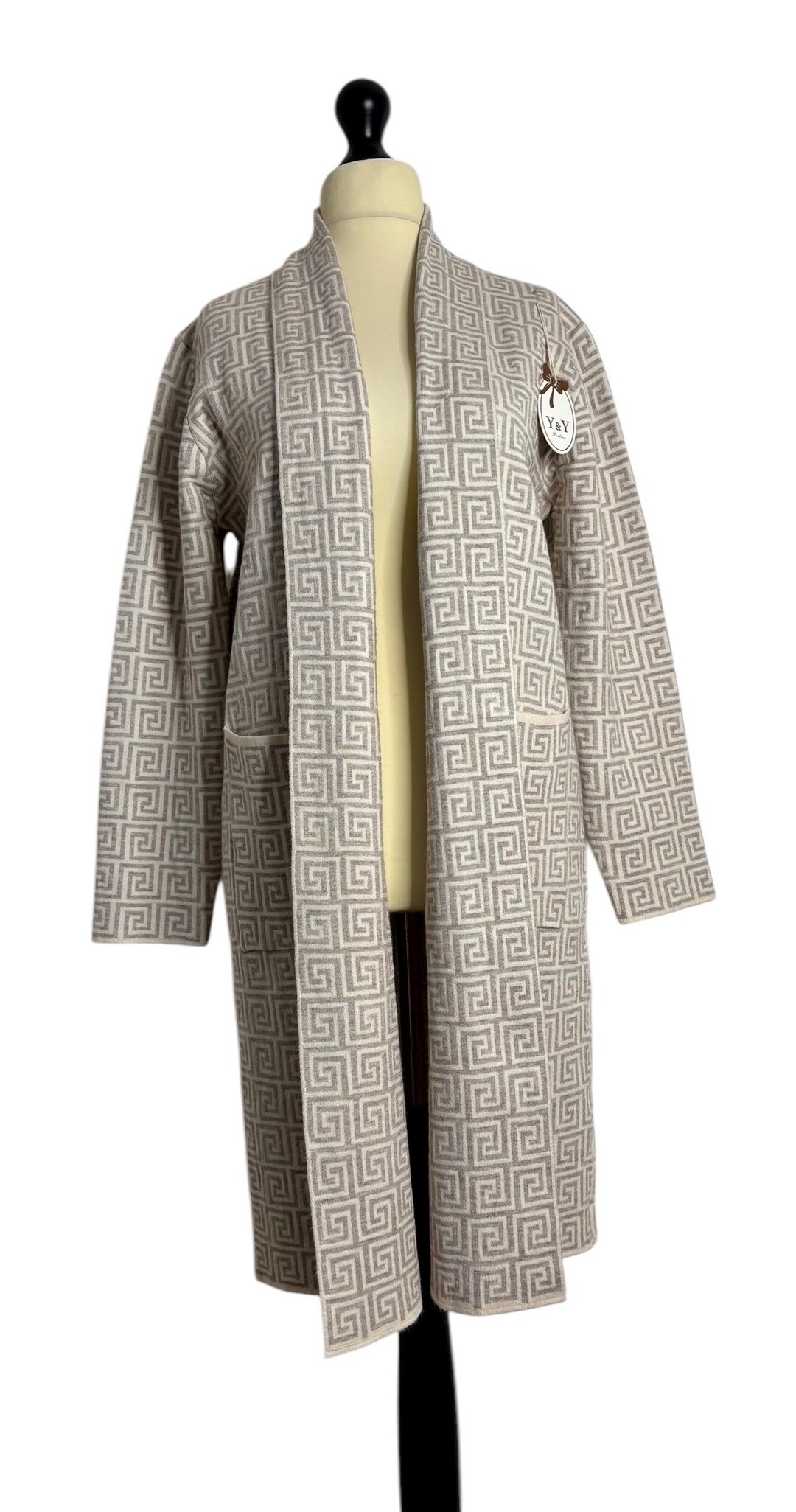 Italian Lagenlook Grey Greek Key Pattern Knitted Coatigan - UK Size 12 ...