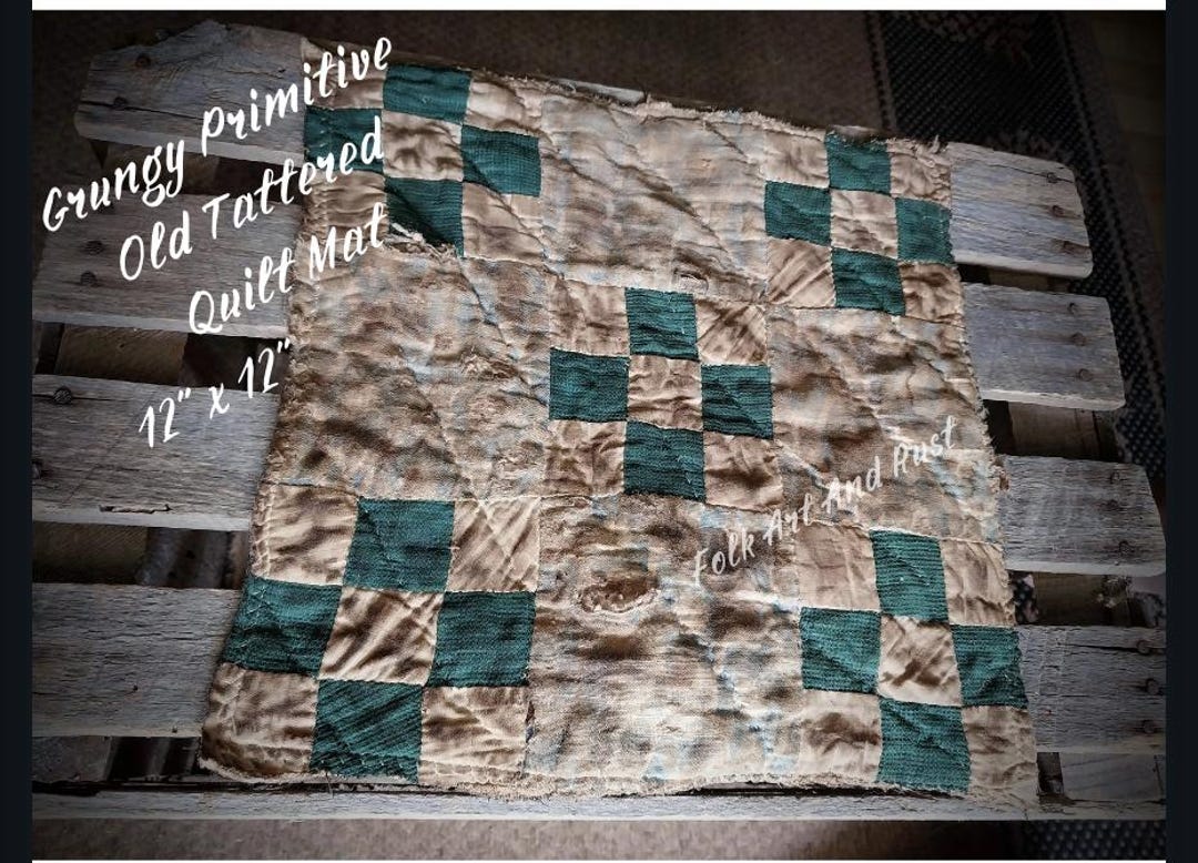 Primitive ~ Tattered Old Quilt Candle Mat ~ Drab Greens Fall Harvest ...