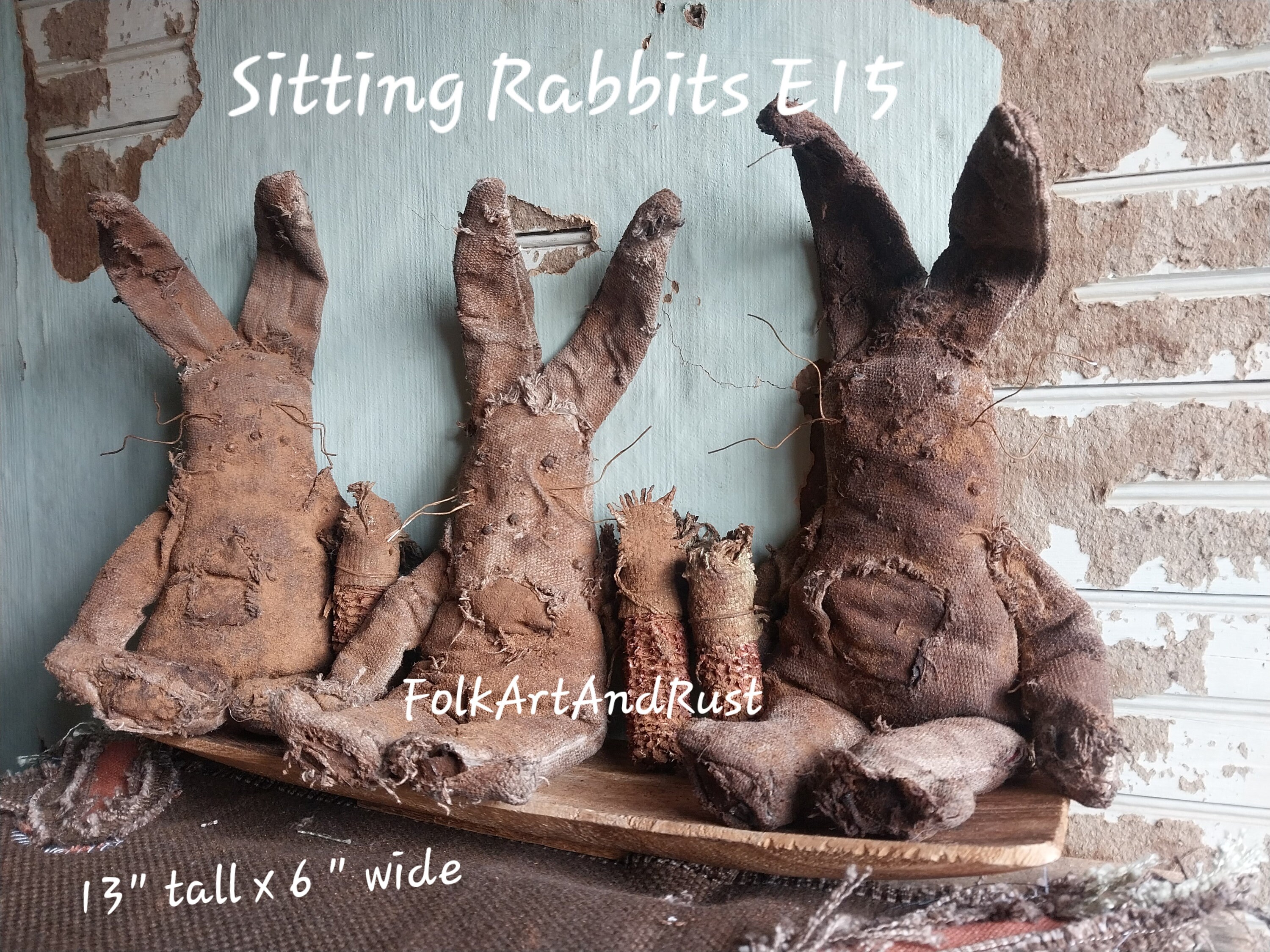 Primitive Pattern GRUNGY Sitting RABBITS With Repairs & Brown Feet ...