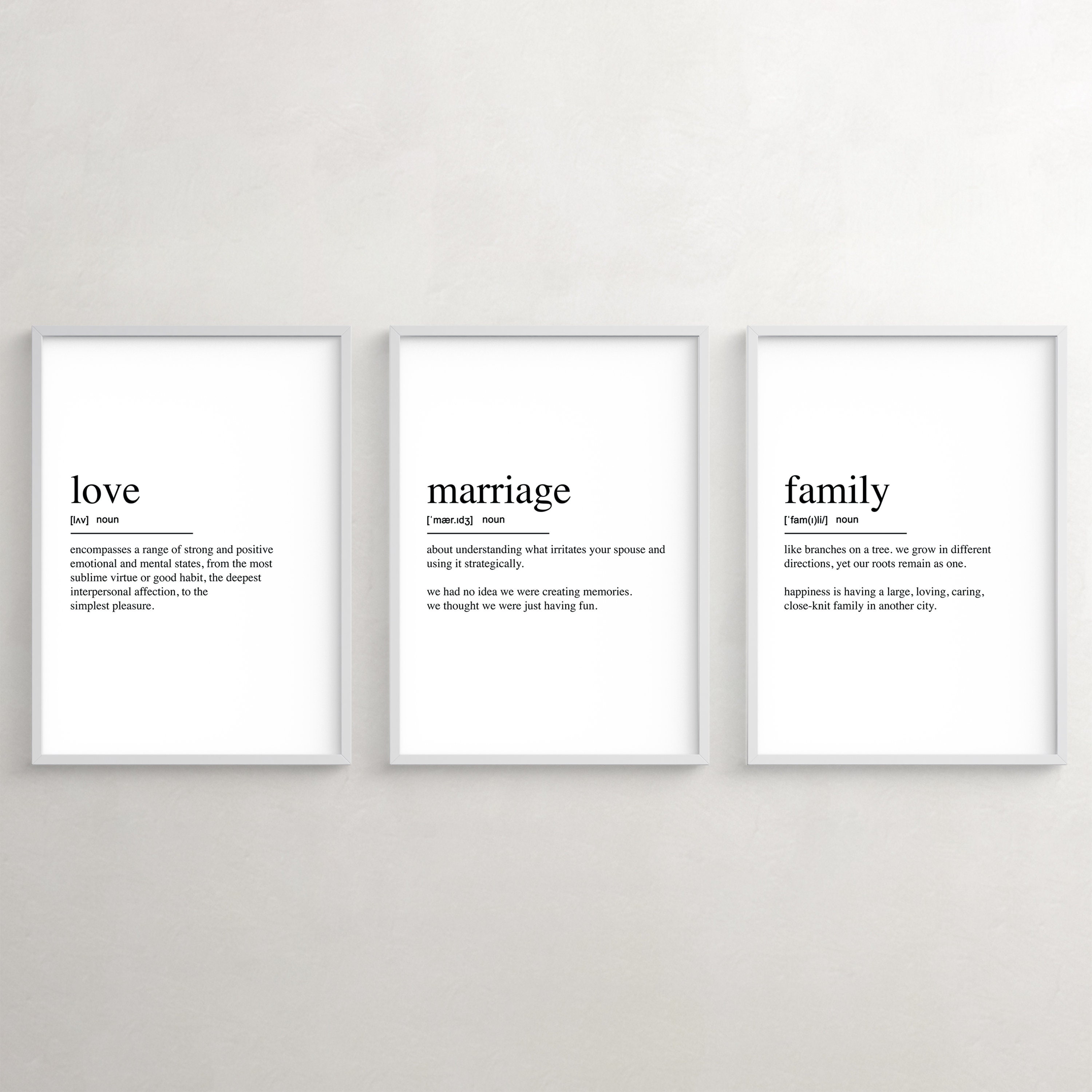 Love, Marriage, Family Definition Posters, Modern Wall Art, Minimalist ...