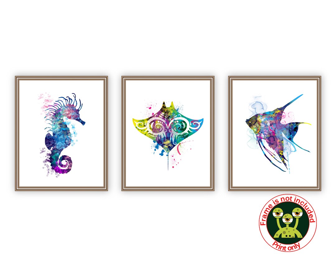 Sea Animals Wall Art, Seahorse, Stingray, Angelfish Watercolor ...