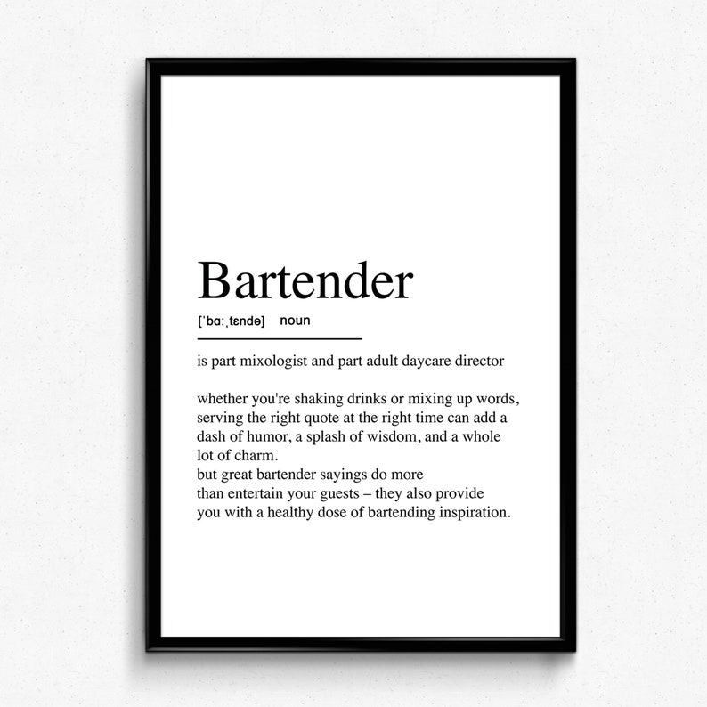 Bartender Definition Poster. Modern Wall Art, Minimalist Print, Bar ...