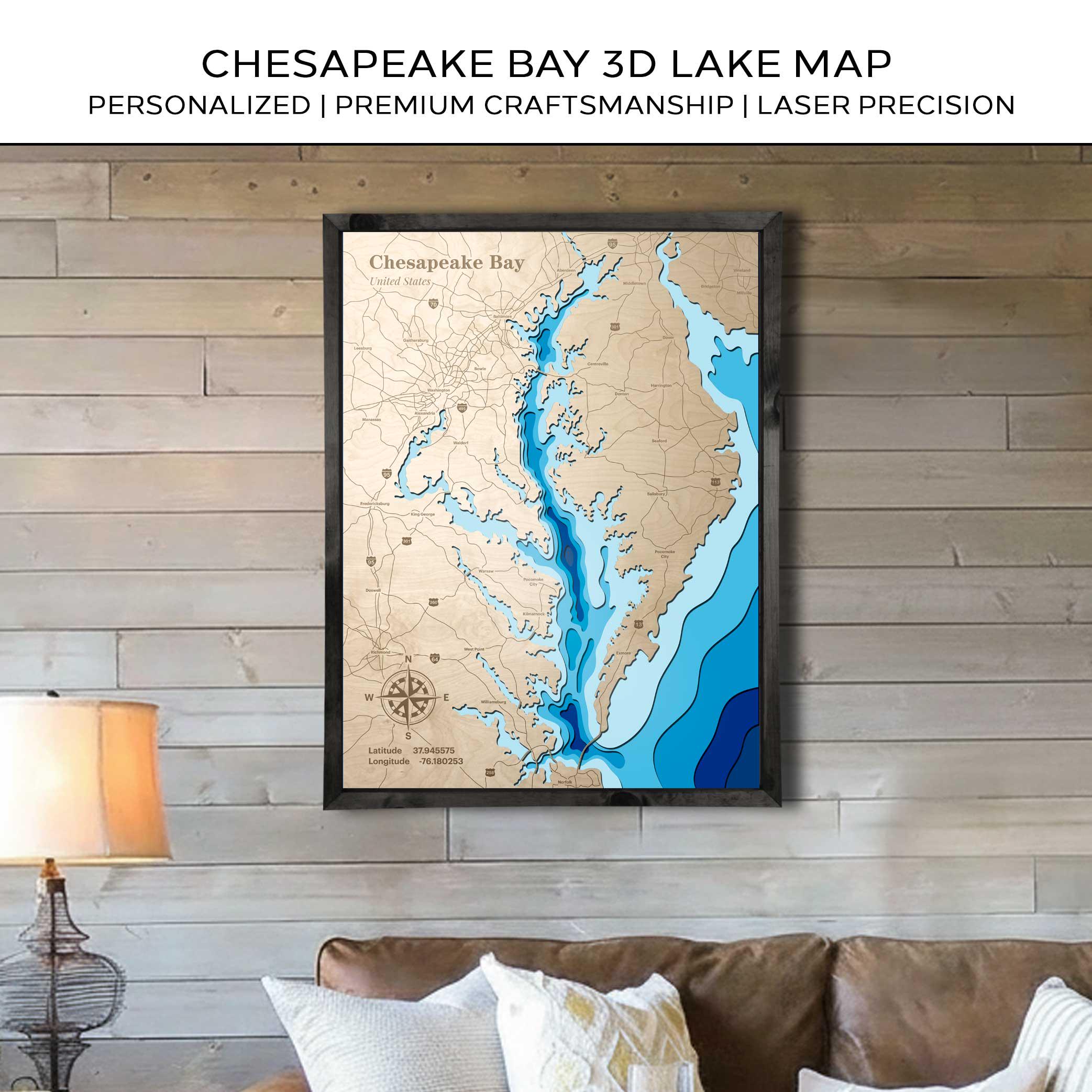 Chesapeake Bay 3D Lake Map Personalized Wood Custom Topographic Depth ...
