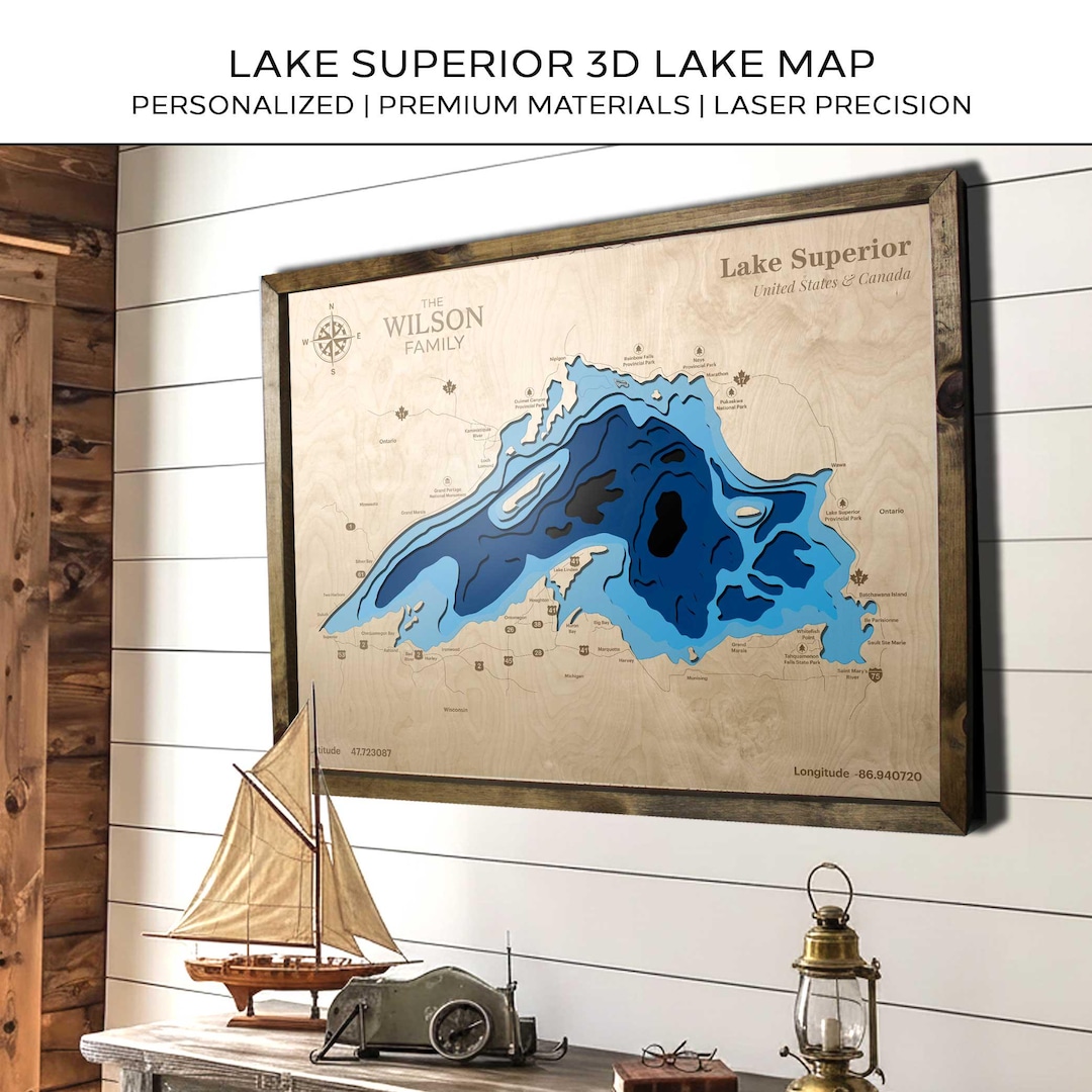Lake Superior 3D Lake Map Personalized Wood Custom Topographic Depth ...