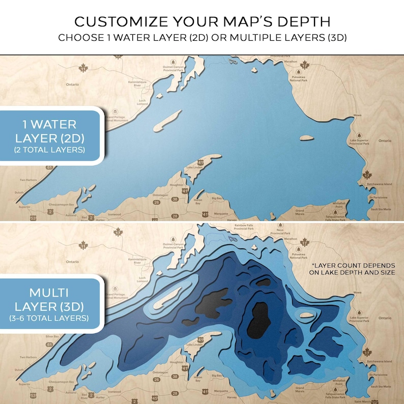 Lake Superior 3D Lake Map Personalized Wood Custom Topographic Depth ...