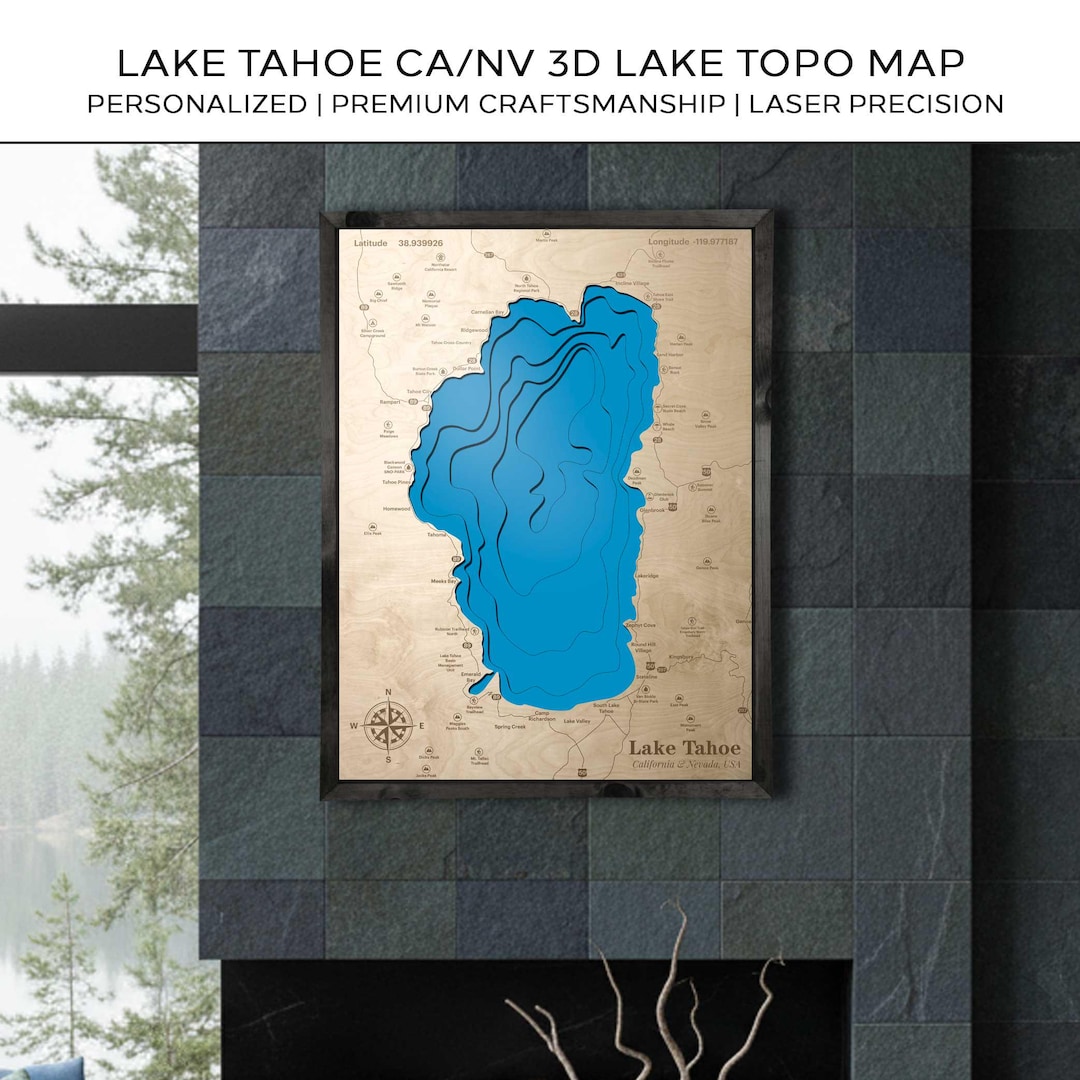 Lake Tahoe California Nevada 3D Lake Map Personalized Wood Custom ...