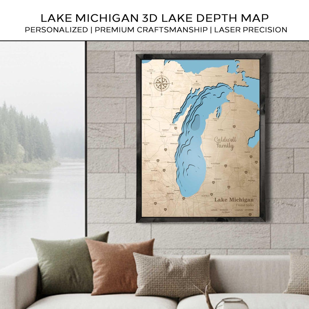 Lake Michigan 3D Lake Map Personalized Wood Custom Topographic Depth ...