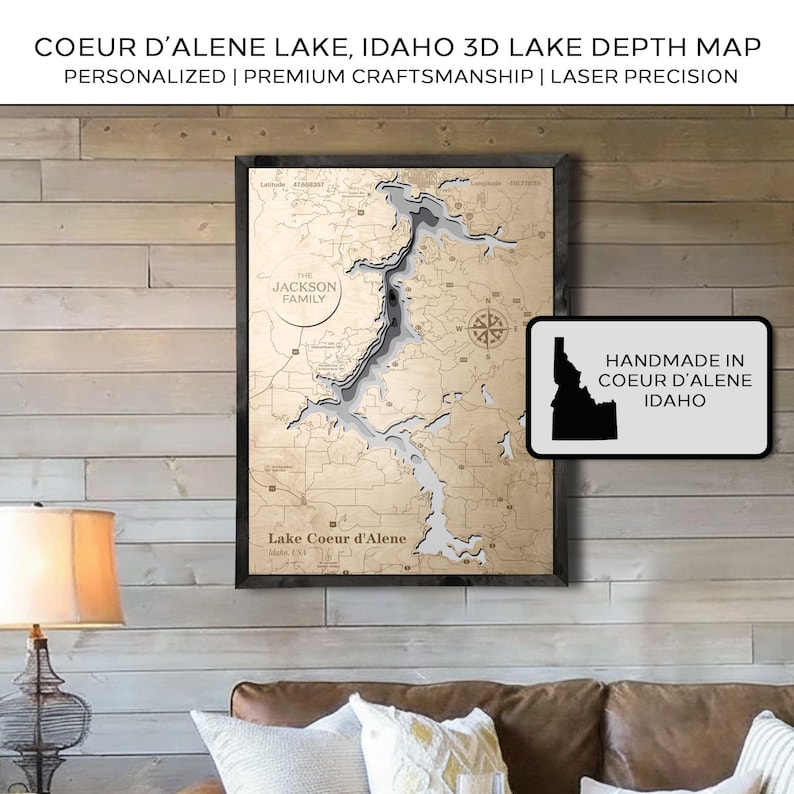 Coeur D'alene Lake Idaho 3D Lake Map Personalized Wood Custom ...