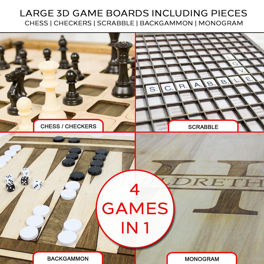 4-in-1 Game Board Set Wood 3D: Chess Scrabble Backgammon Checkers ...