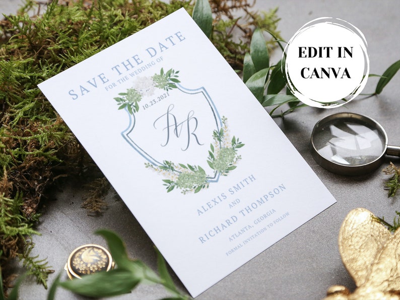 Editable Blue Watercolor Crest Save the Date Invitation | Etsy