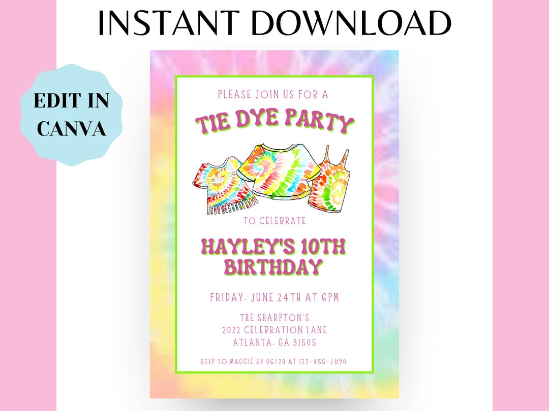 Editable Tie Dye Birthday Invitation Template | Digital Download | Tie ...