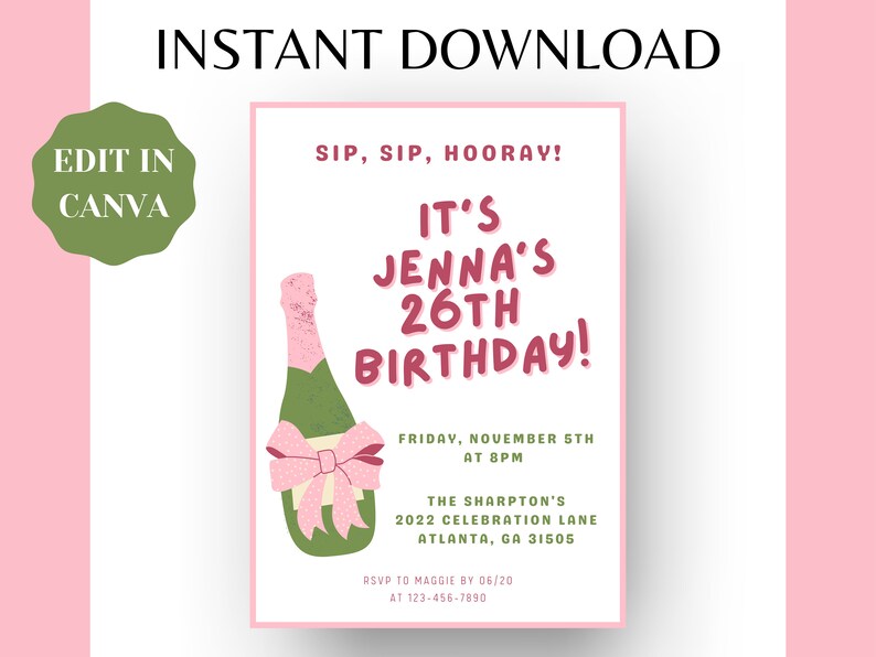 Editable Champagne Birthday Invitation Template Digital - Etsy