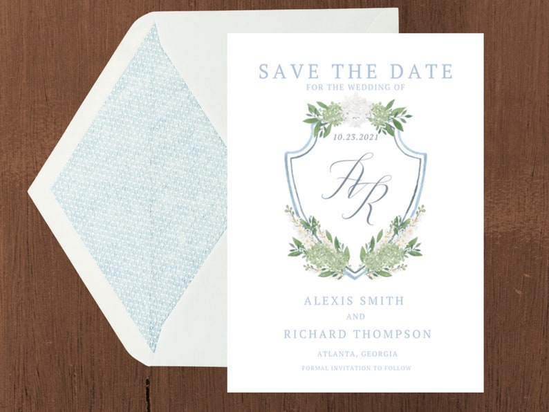 Editable Blue Watercolor Crest Save the Date Invitation | Etsy