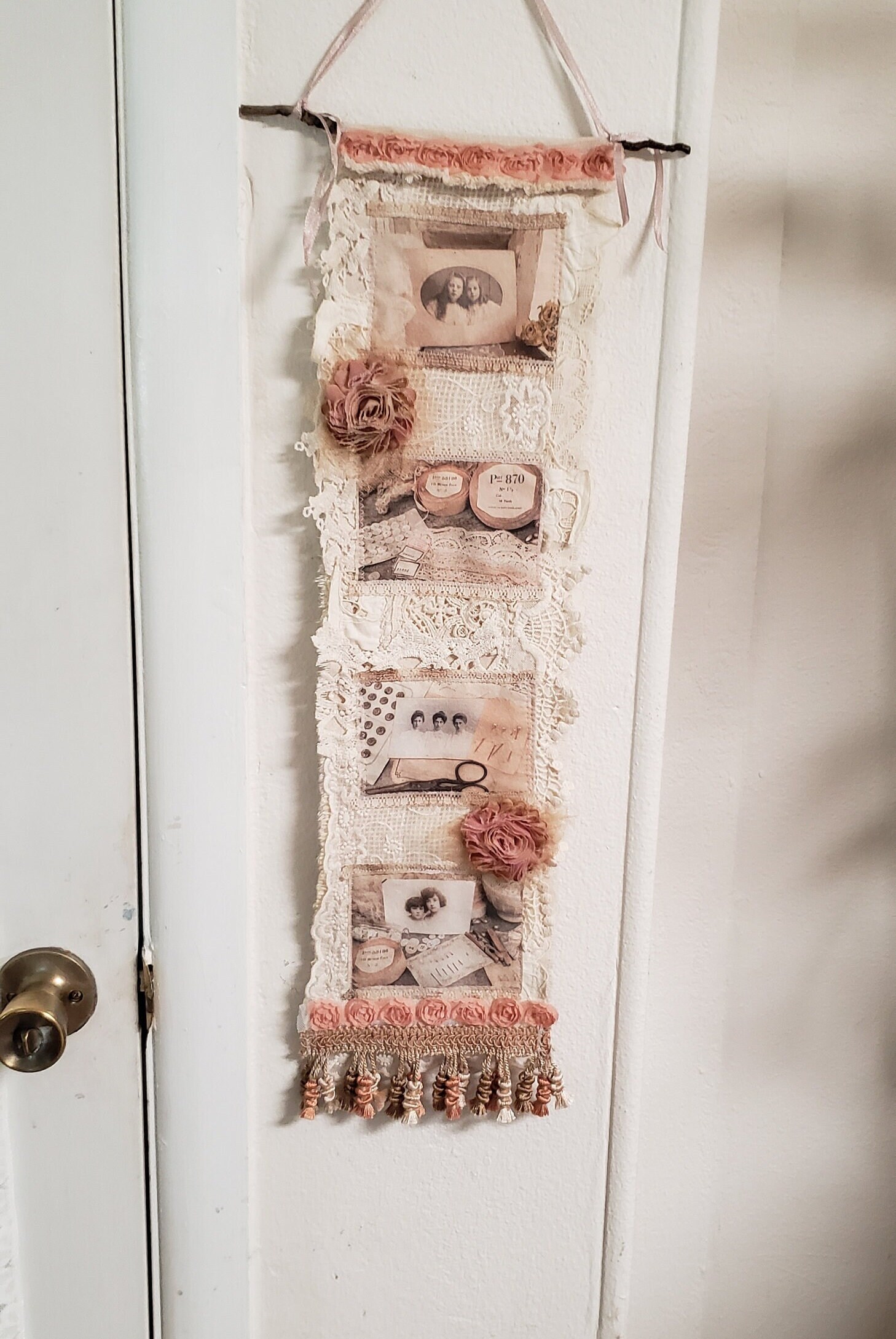 Shabby Wall Hanging, Beige and Peach Wall Hanging, Sewing Theme, Lacy ...