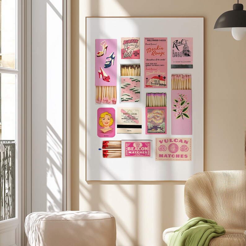 Retro Pink Matchbox Art Print for Bar Cart Decor Trendy Digital ...