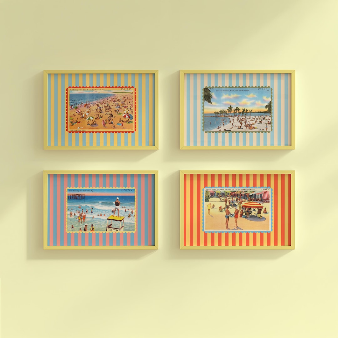 Beach Art Set of 4, Vintage Beach Art, Cape Cod Art, Trendy Striped Art ...