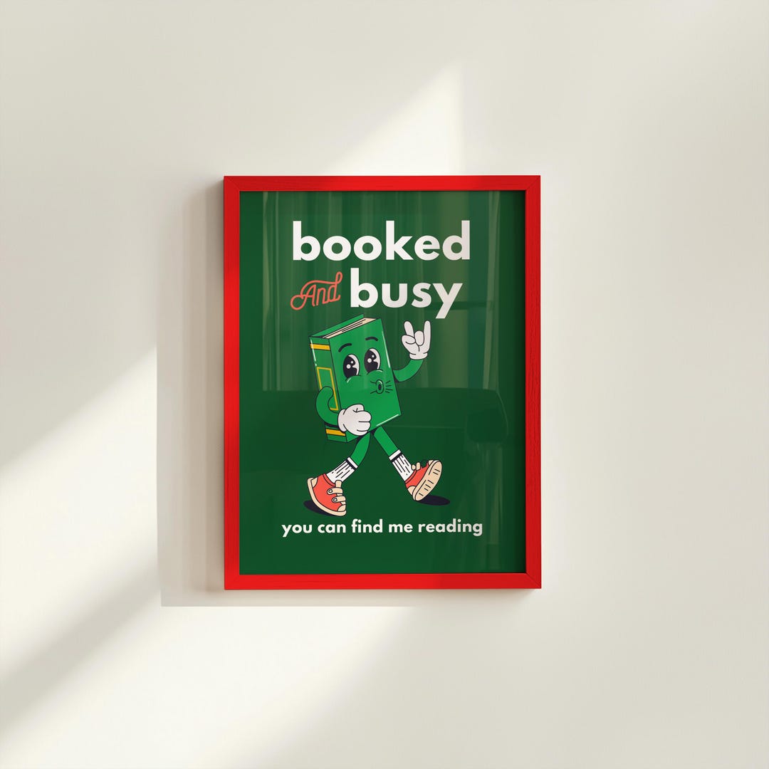 Booked and Busy Reading Poster: Retro Bookworm Art (digital Download ...