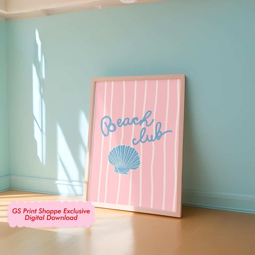 Beach Club Poster, Pink Poster, Stripes Illustration, Sun Sunshine ...