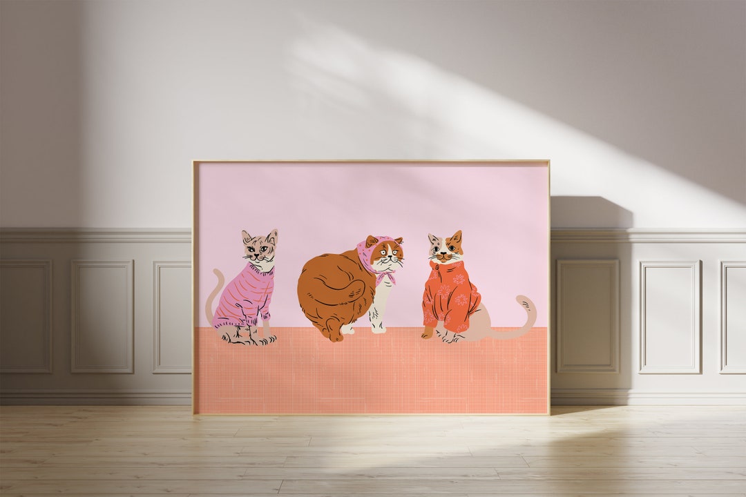 Pink Cat Art, Cute Cat Poster, Cat Art Prints, Cat in Sweater, Pink ...