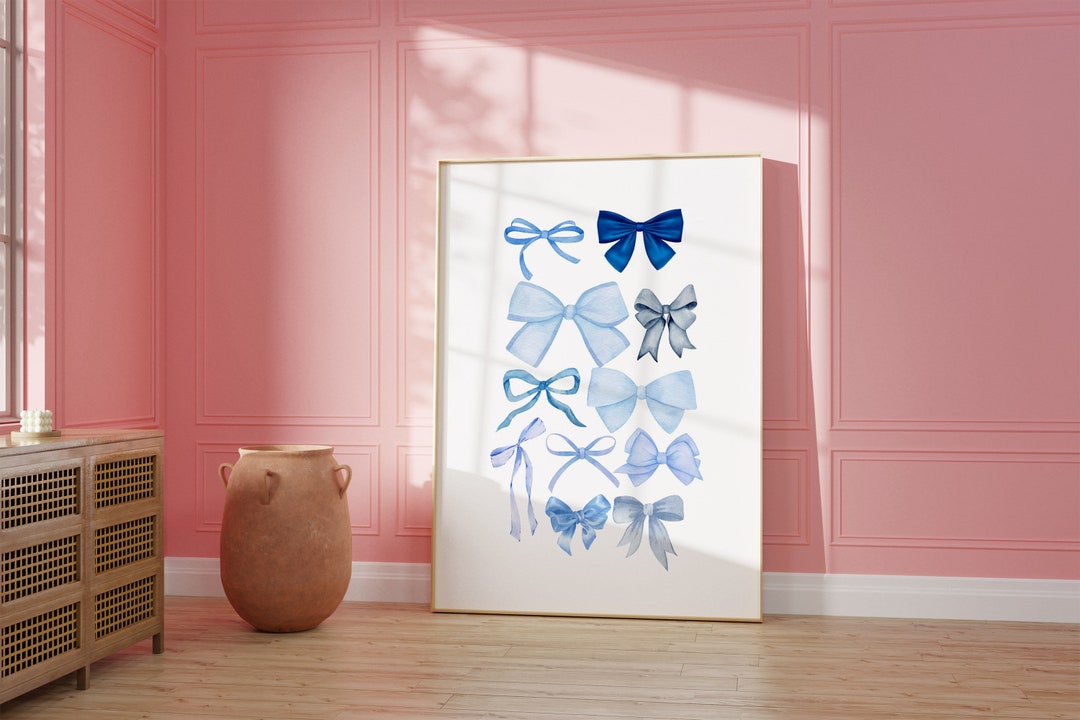 Coquette Print, Grandmillenial Art, Preppy Blue Art, Bow Aesthetic ...