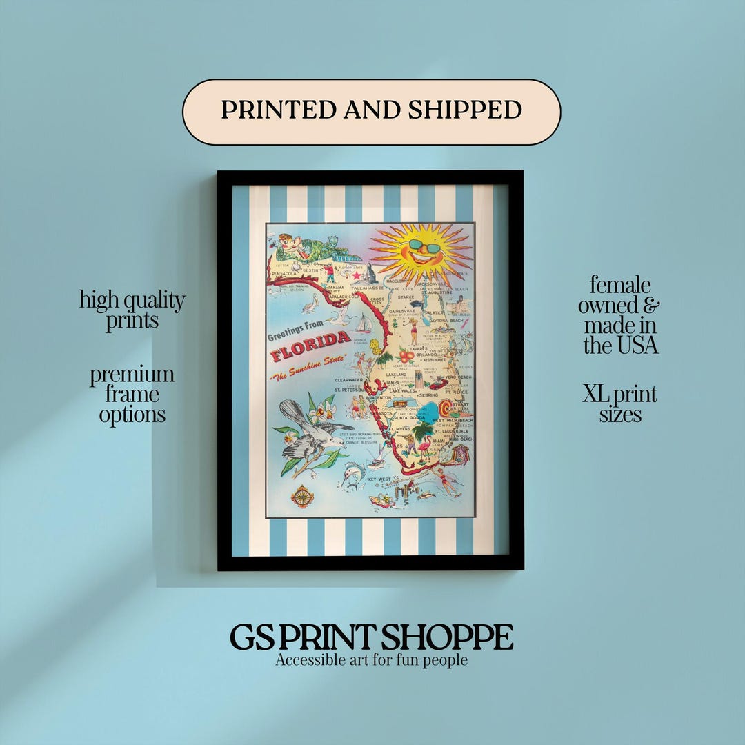 Florida Map Vertical Art Print, Physical Poster, Art Print, Framed Art ...