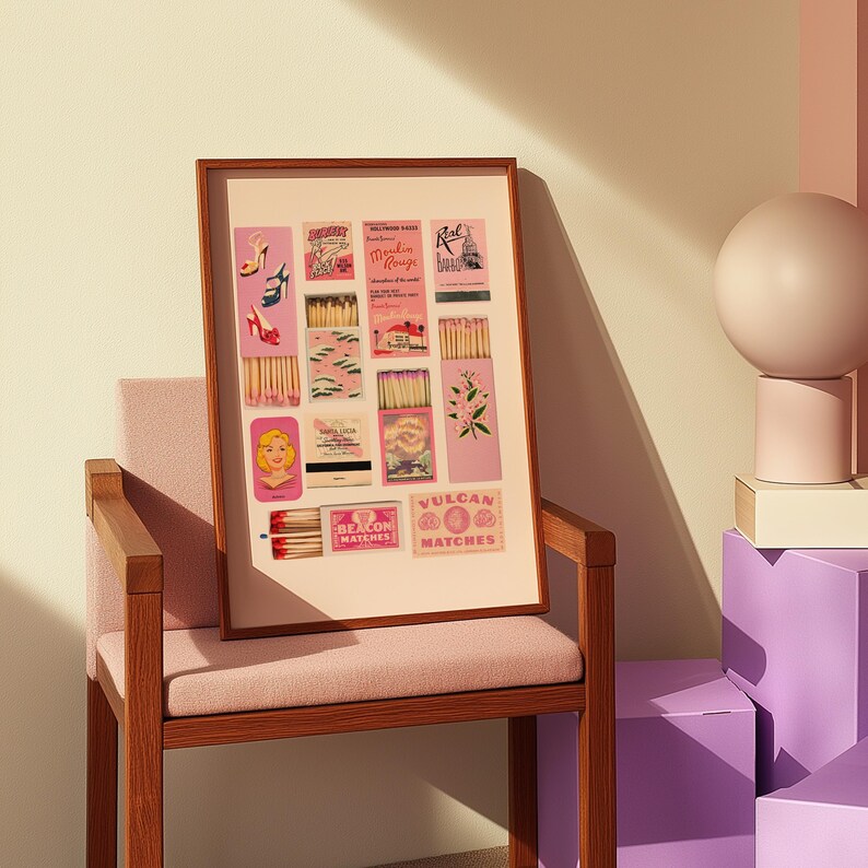 Retro Pink Matchbox Art Print for Bar Cart Decor Trendy Digital ...