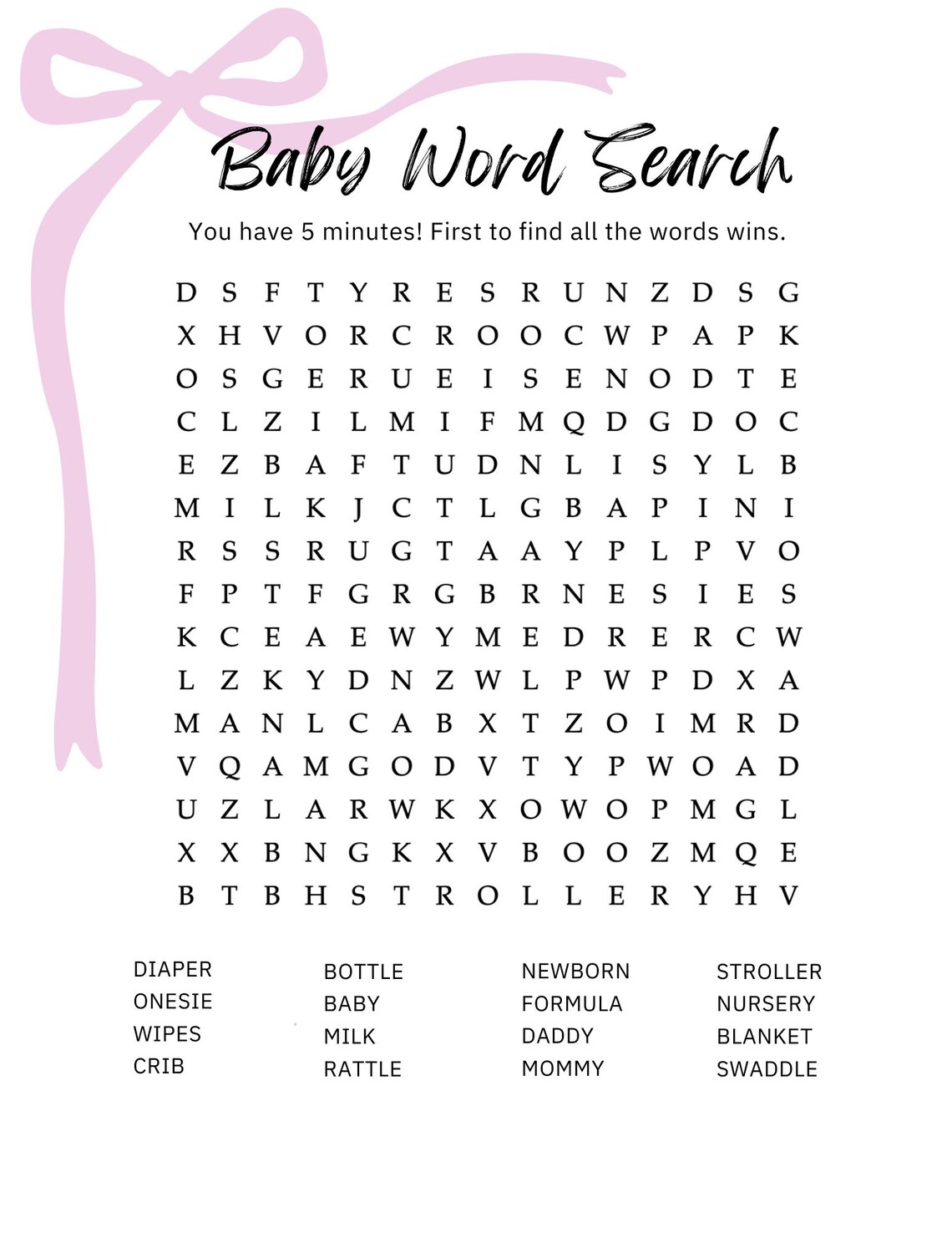 Baby Shower Word Search Game, Baby Girl Word Search, Baby Shower Game ...