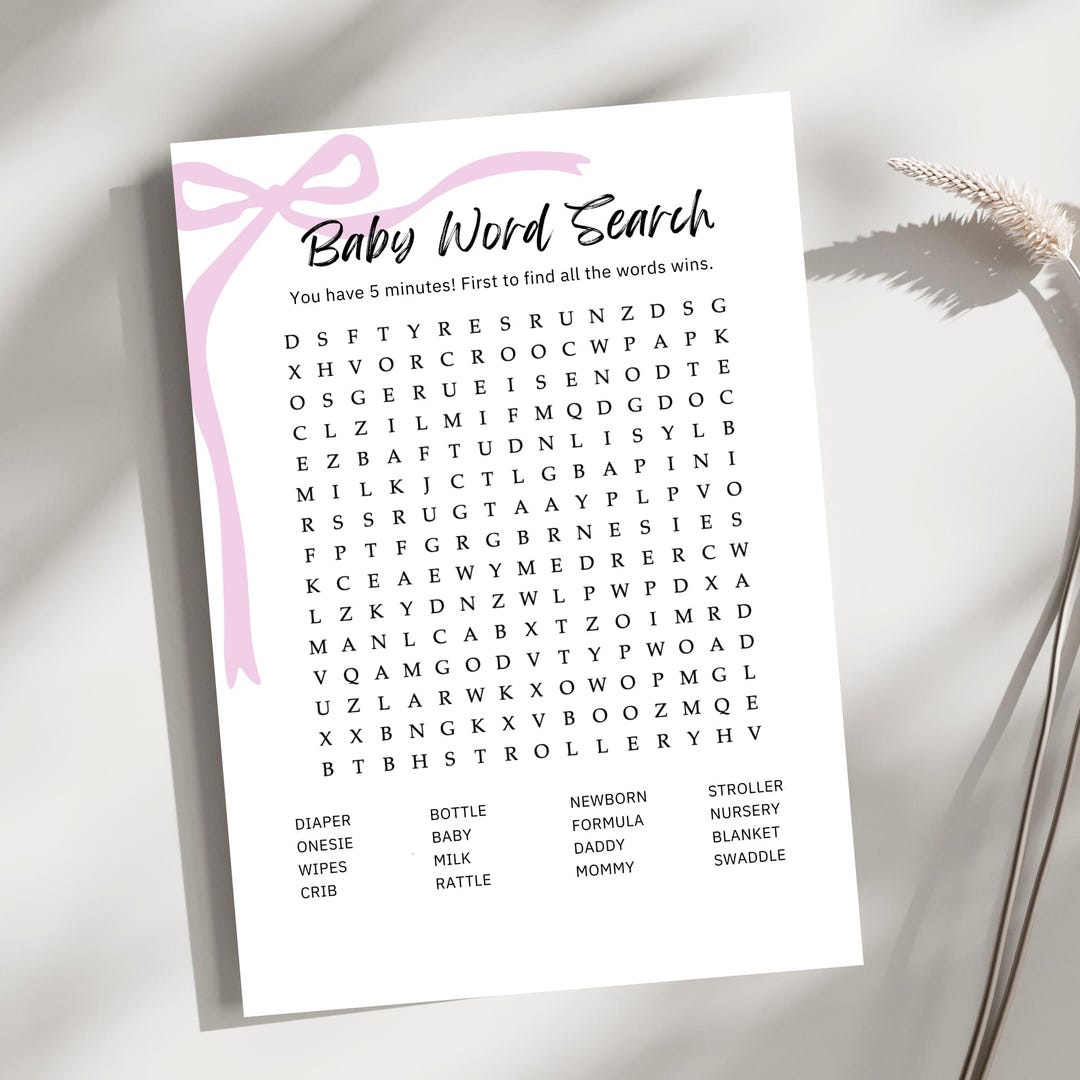 Baby Shower Word Search Game, Baby Girl Word Search, Baby Shower Game ...