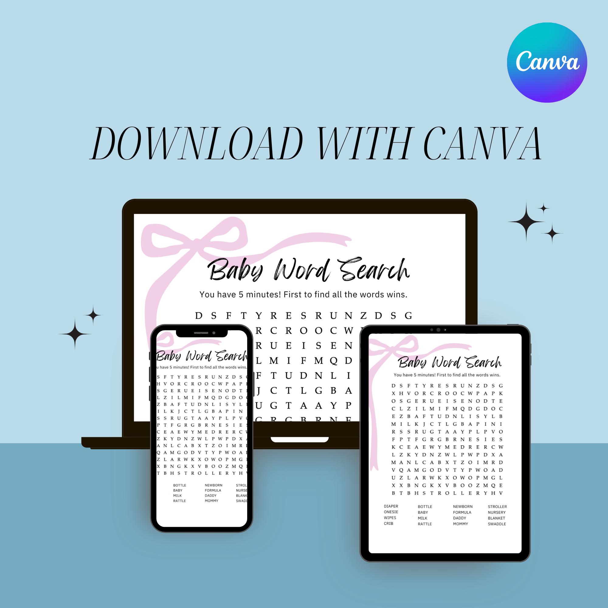 Baby Shower Word Search Game, Baby Girl Word Search, Baby Shower Game ...