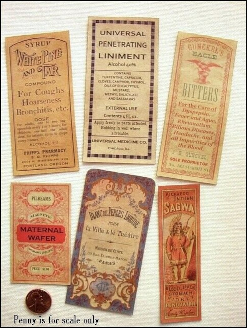 Set of 12 Elixir Syrup & Remedy Vintage Victorian APOTHECARY LABELS ...